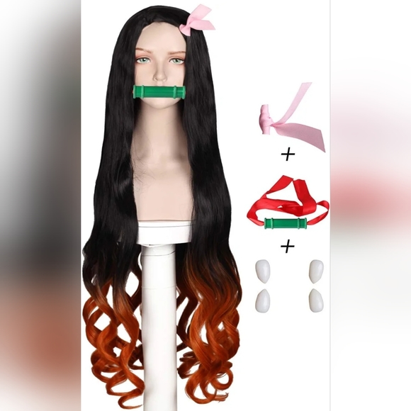 Hair | Nezuko Demon Slayer Anime Cosplay Wig Fangs Bamboo Accessory ...